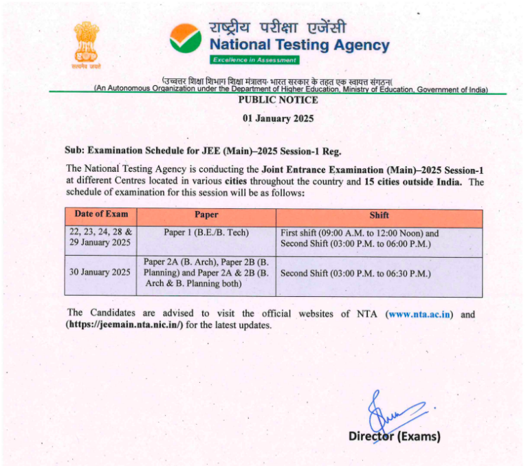 JEE Main 2025 Paper 1 & 2 Dates Out, Exam Timing & Notice Here