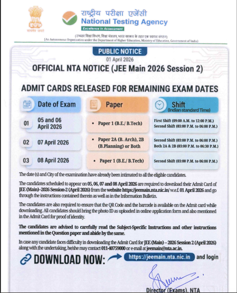 JEE Mains 2026 Admit Card Session 2 Released, Exam Guidelines